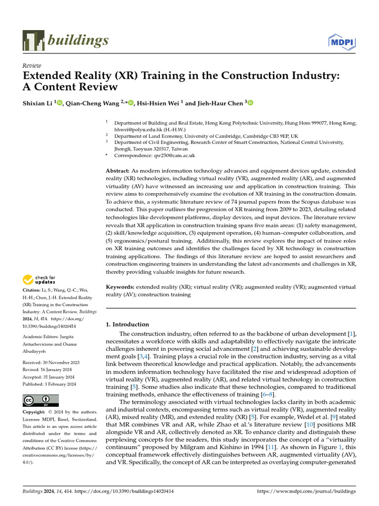 Extended Reality (XR) Training in The Construction Industry: A Content ...