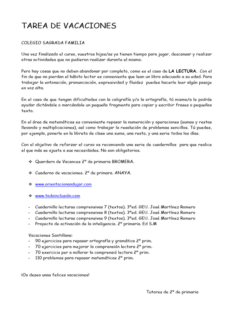 Tareas de Verano para 2º Primaria | PDF