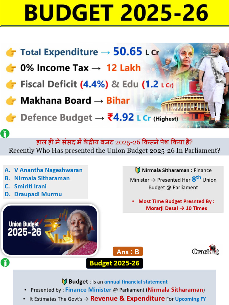 Union Budget 2025-26 Highlights & MCQs | PDF | Government Budget ...