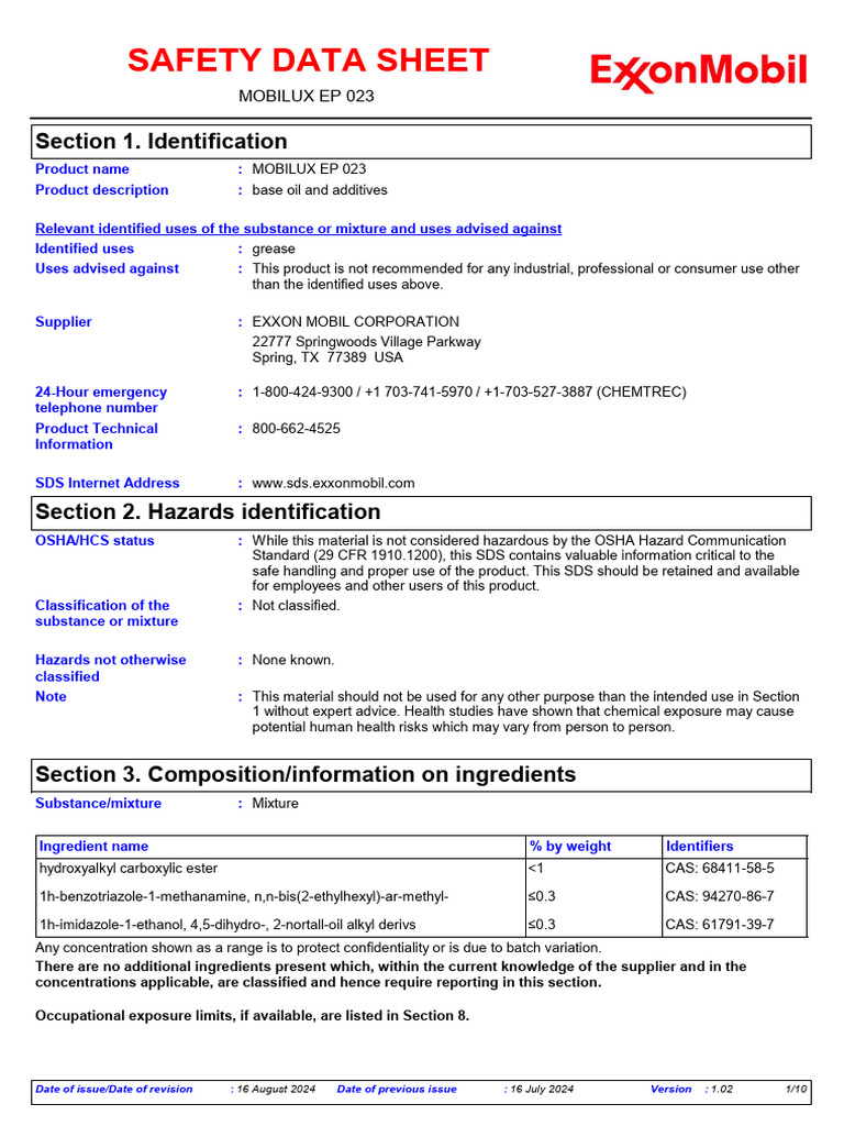 MOBILUX EP 023 (MSDS) | PDF | Chemistry | Occupational Safety And Health