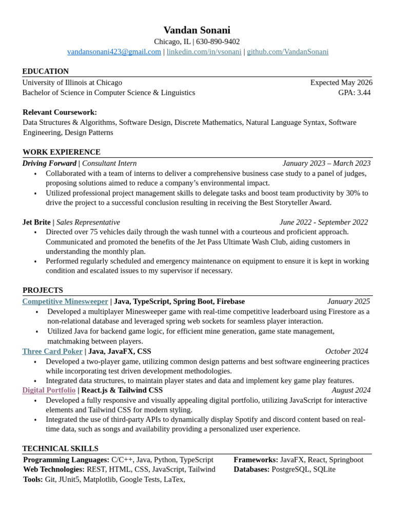 Vandan Sonani RESUME WINTER 2025 | PDF | Java (Programming Language) | Java Script