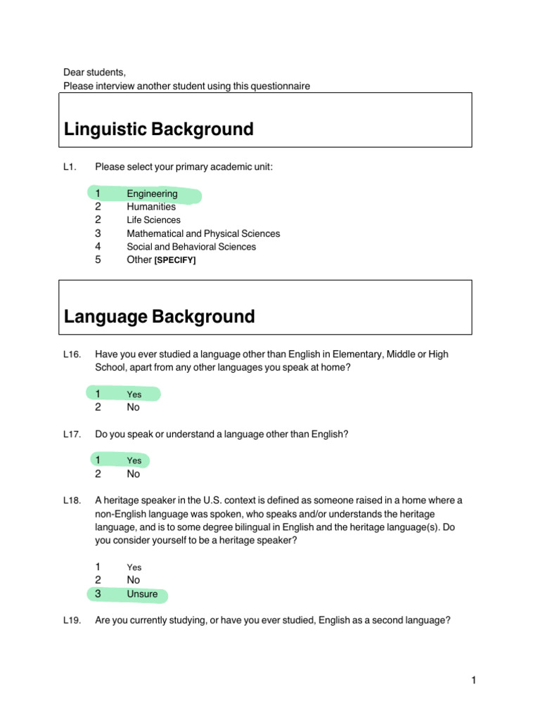 Student Language Background Questionnaire | PDF