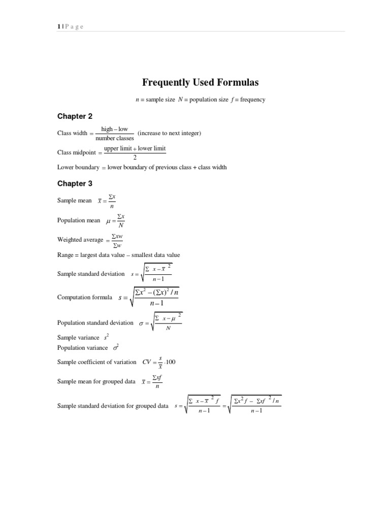 Intro Stats Formula Sheet Standard Error Coefficient Of Variation