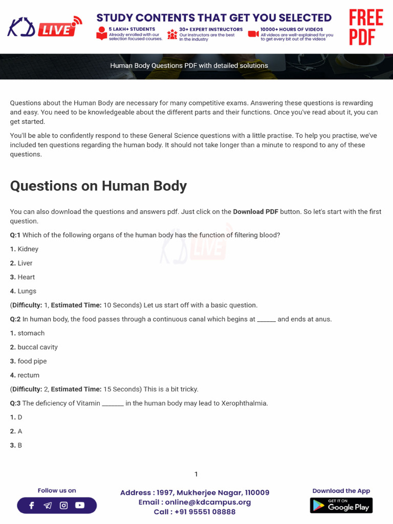 General Science Human Body Questions PDF With Detailed Solutions | PDF