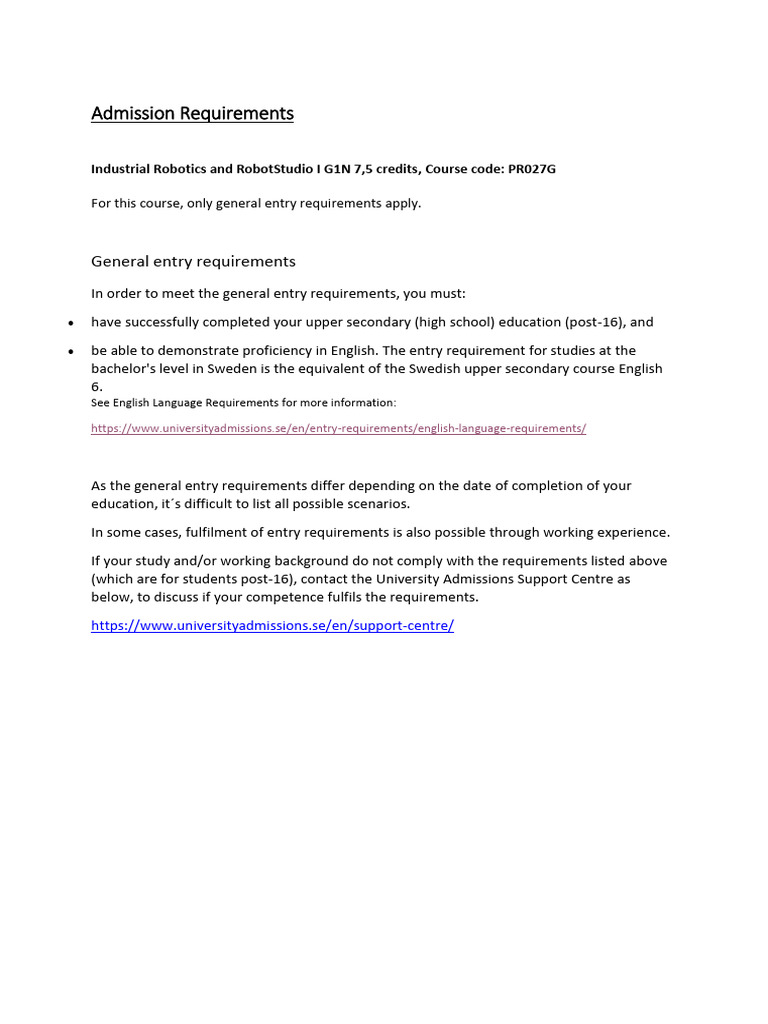 Course Requirements - Industrial Robotics and RobotStudio - PR027G | PDF