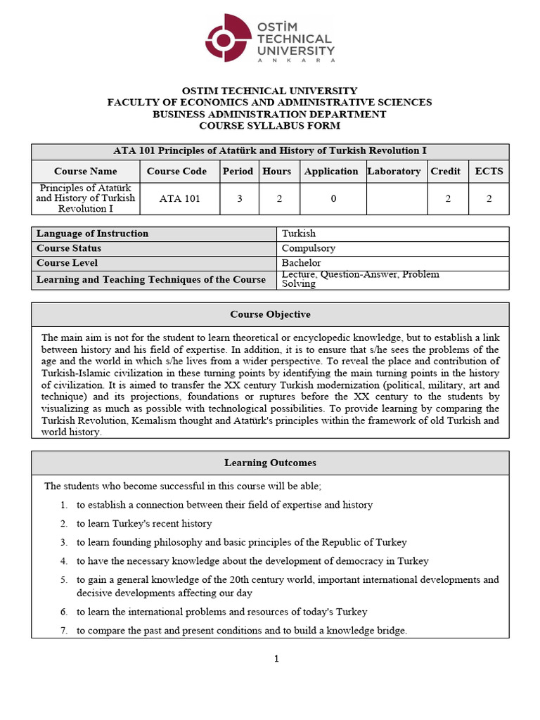 ATA 101 Principles of Atatürk and History of Turkish Revolution I | PDF | Knowledge | Computer ...
