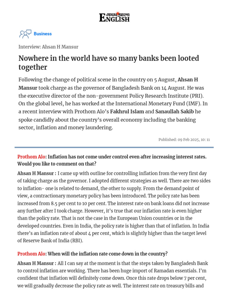 Nowhere in The World Have So Many Banks Been Looted Together - Prothom Alo | PDF