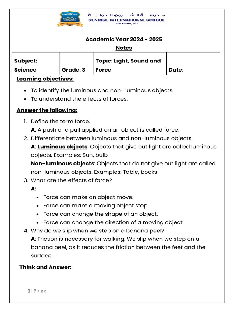 G3 Light, Sound and Force Notes | PDF | Force | Light