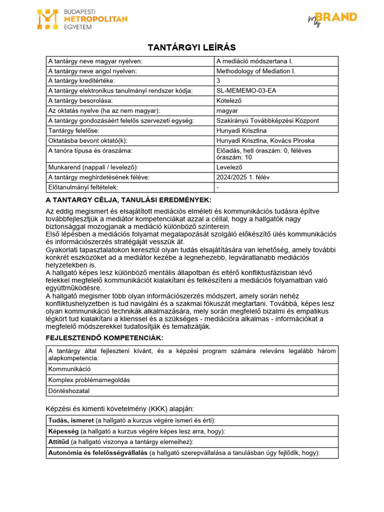 A Mediáció Módszertana I. SL MEMEMO 03 EA 2024 25 1 9926 1 | PDF