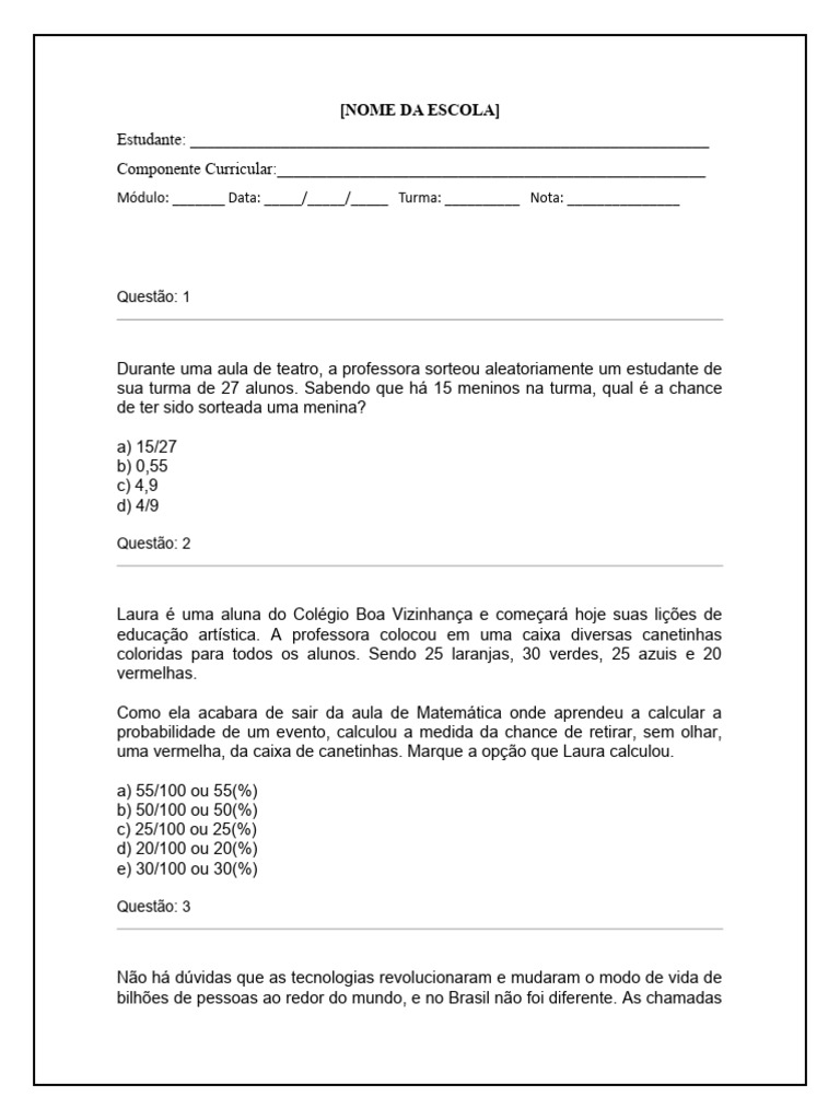 Probabilidade - 6° Ano | PDF