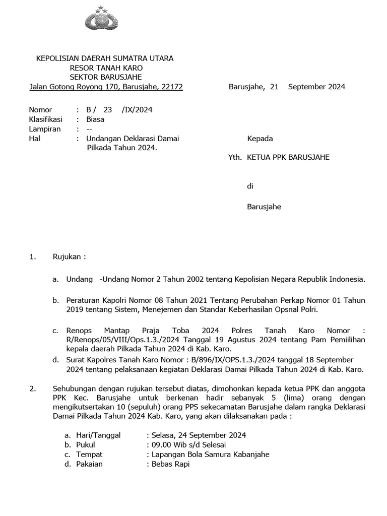 Undangan Deklarasi Damai Pilkada 2024 | PDF