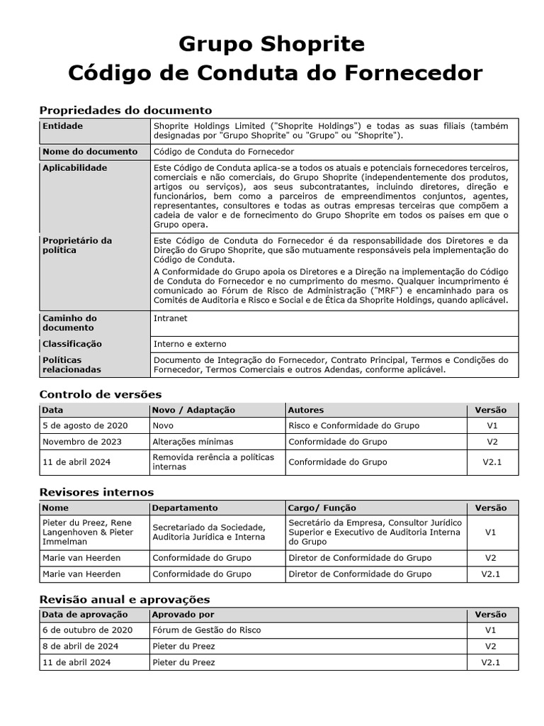shoprite-supplier-code-of-conduct-portuguese | PDF | Cadeia de ...
