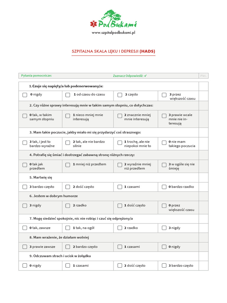 Szpitalna Skala Lęku I Depresji (HADS) - 0 | PDF