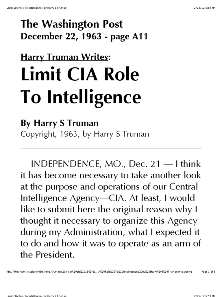 Limit CIA Role To Intelligence by Harry S Truman 1963 | PDF | Central ...