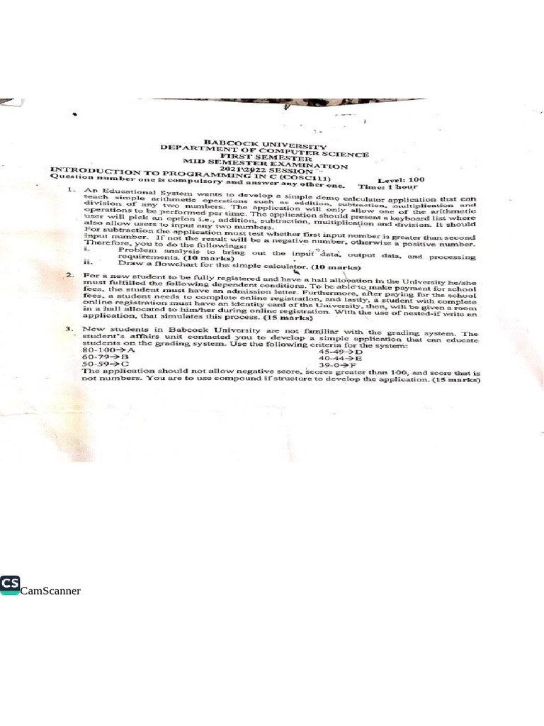 COSC 111 MID SEMESTER 21_22 | PDF