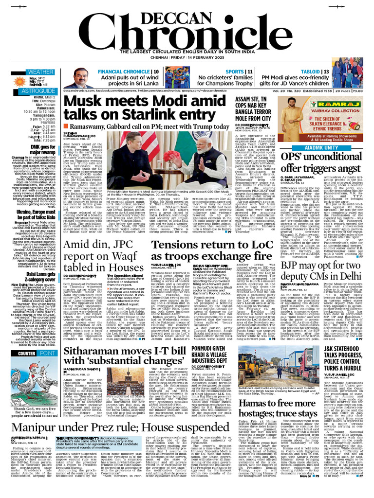 Deccan Chronicle - Chennai - 2025-02-14 | PDF | Hamas | Elon Musk