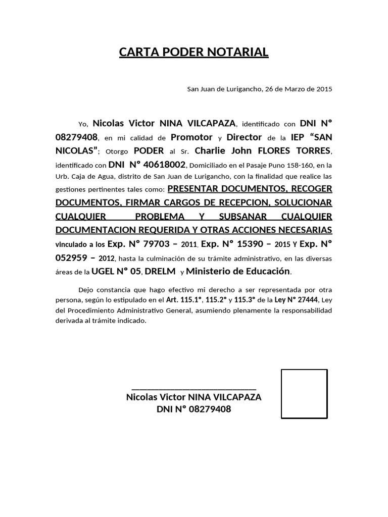CARTA PODER NOTARIAL PARA COLEGIOS PRIVADOS - Generico | PDF