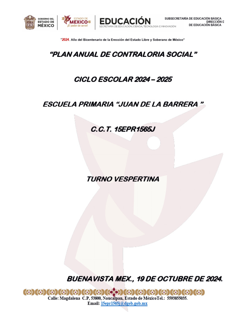 Plan de Trabajo Contraloría Social Escolar | PDF | Educación primaria ...