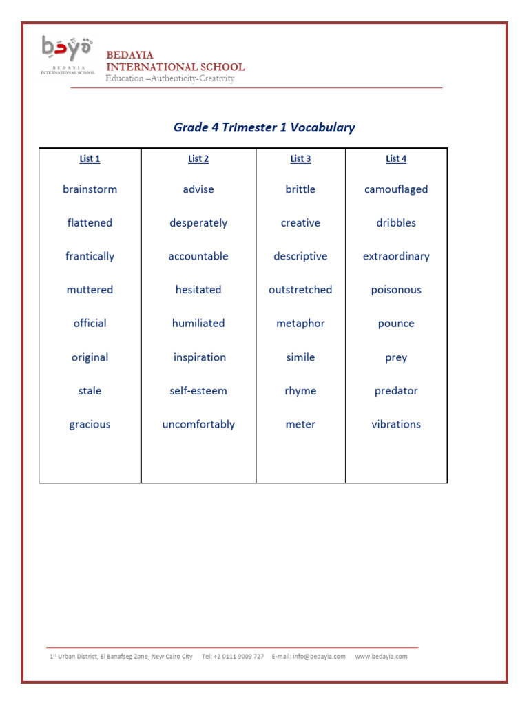 Grade 4 Vocabulary and Spelling Lists | PDF