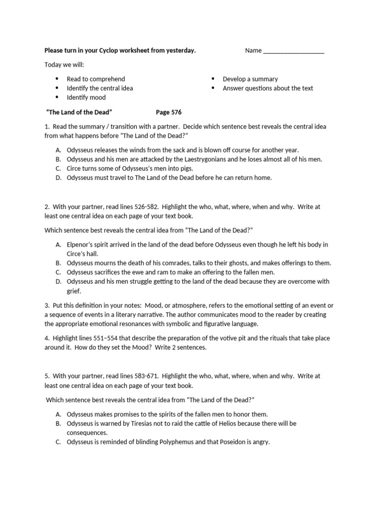 Land of The Dead Reading Guide | PDF | Odysseus | Odyssey