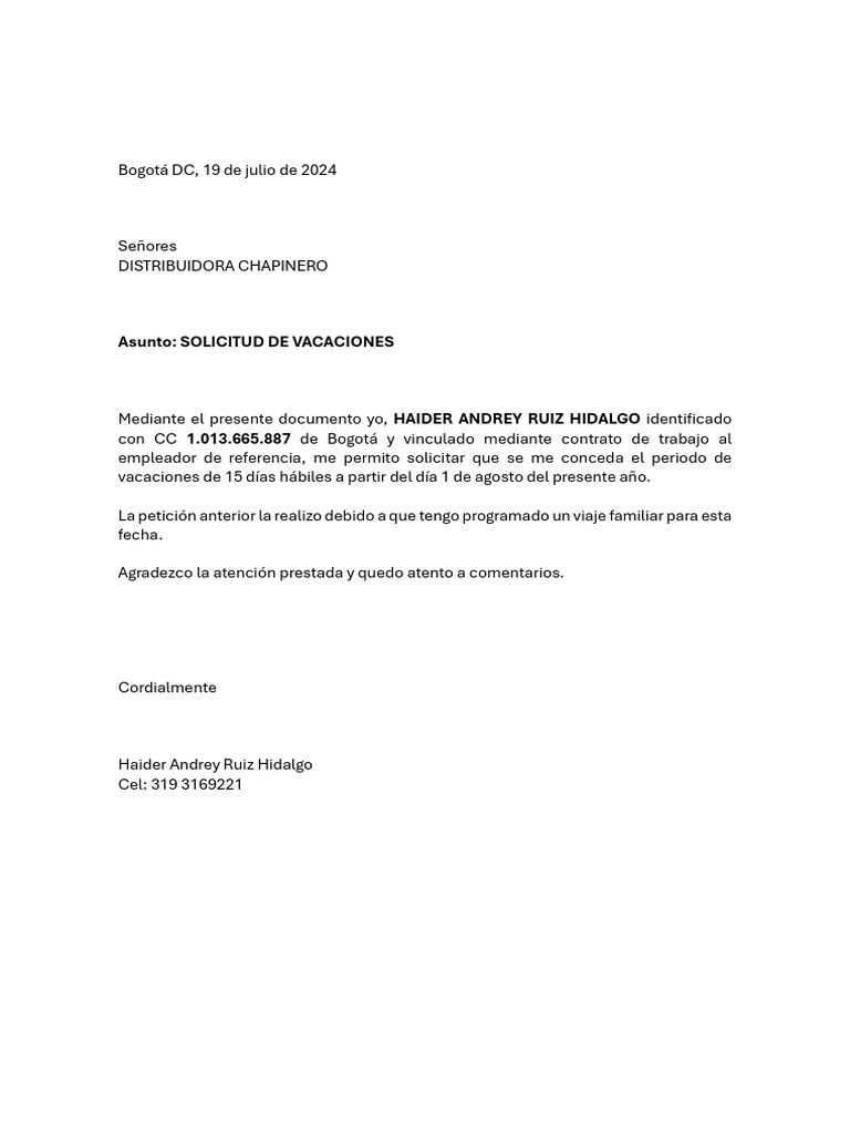Solicitud Vacaciones Haider | PDF