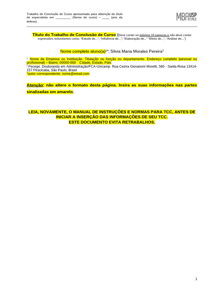 Template TCC - MBA USP ESALQ | PDF | Livros | Abstract (resumo)