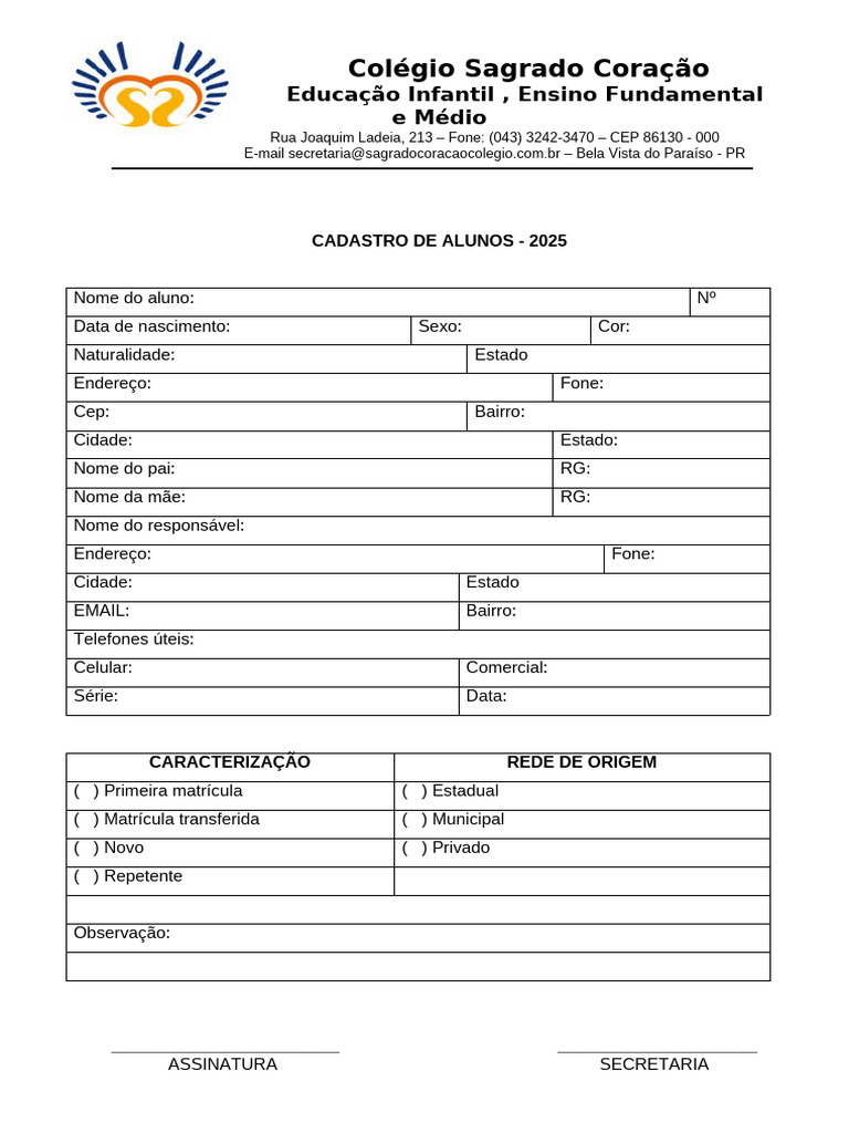 Ficha de Cadastro de Alunos 2025 | PDF