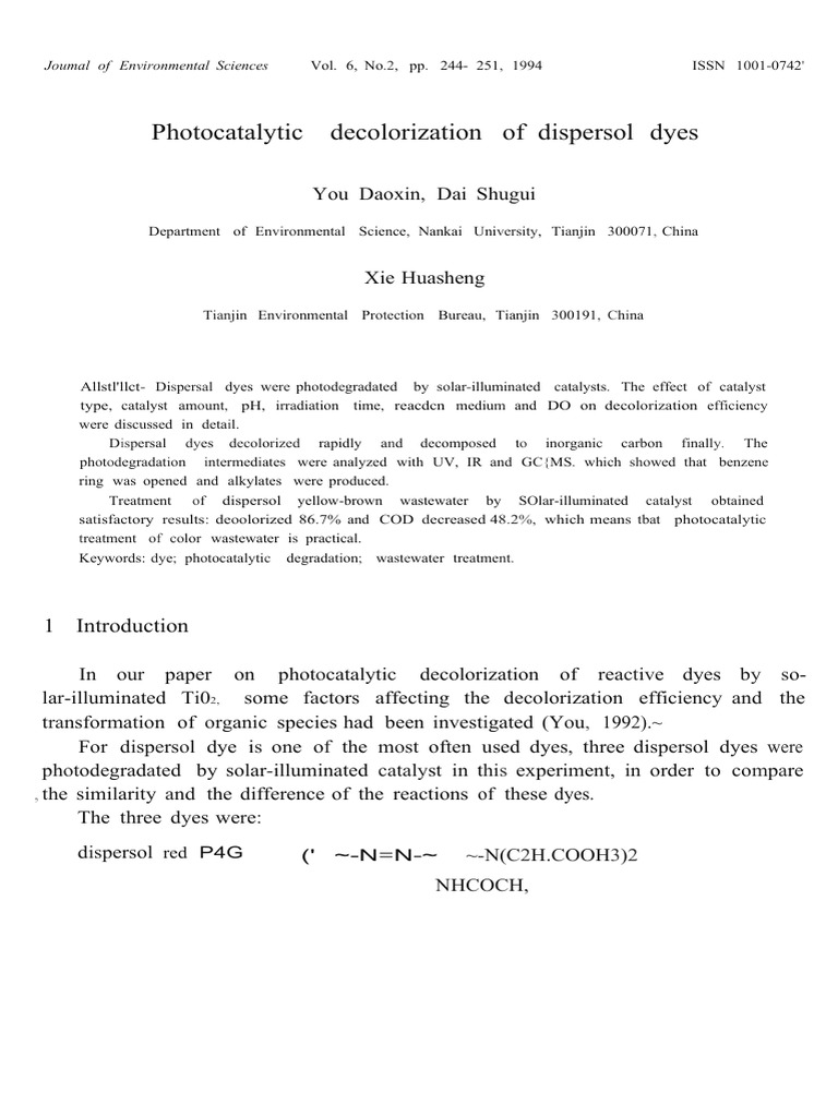 Photocatalytic Decolorization of Dispersol Dyes | PDF | Catalysis | Chemical Substances