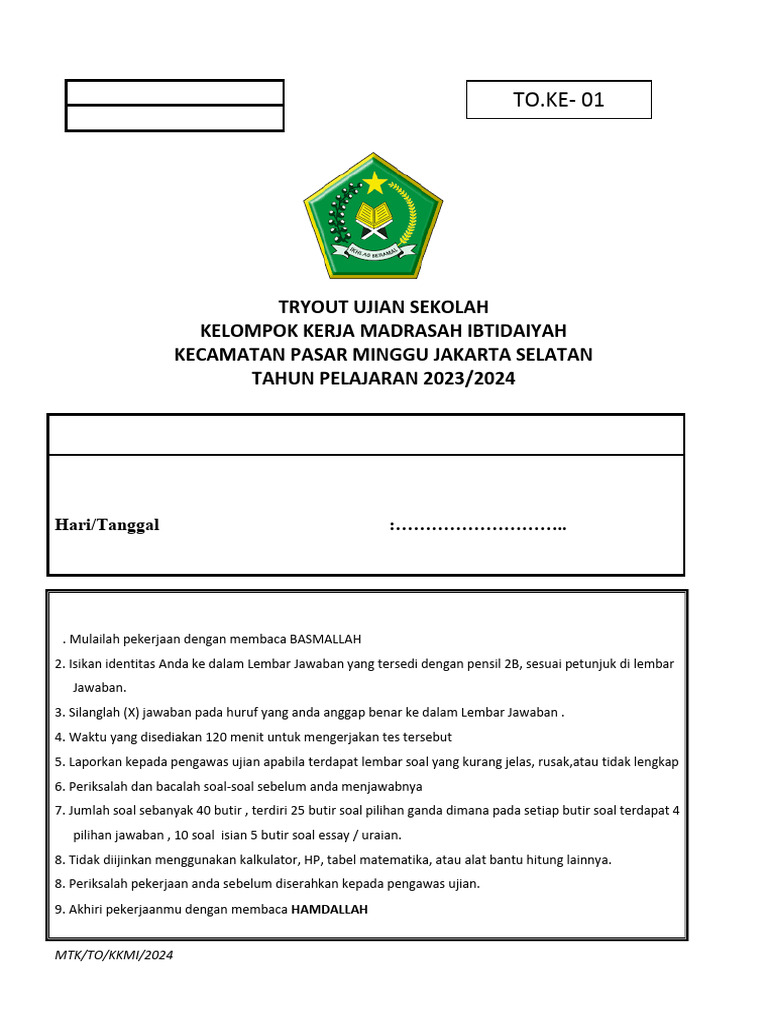 Soal to Ke 1 Mtk Mtk (2024) | PDF
