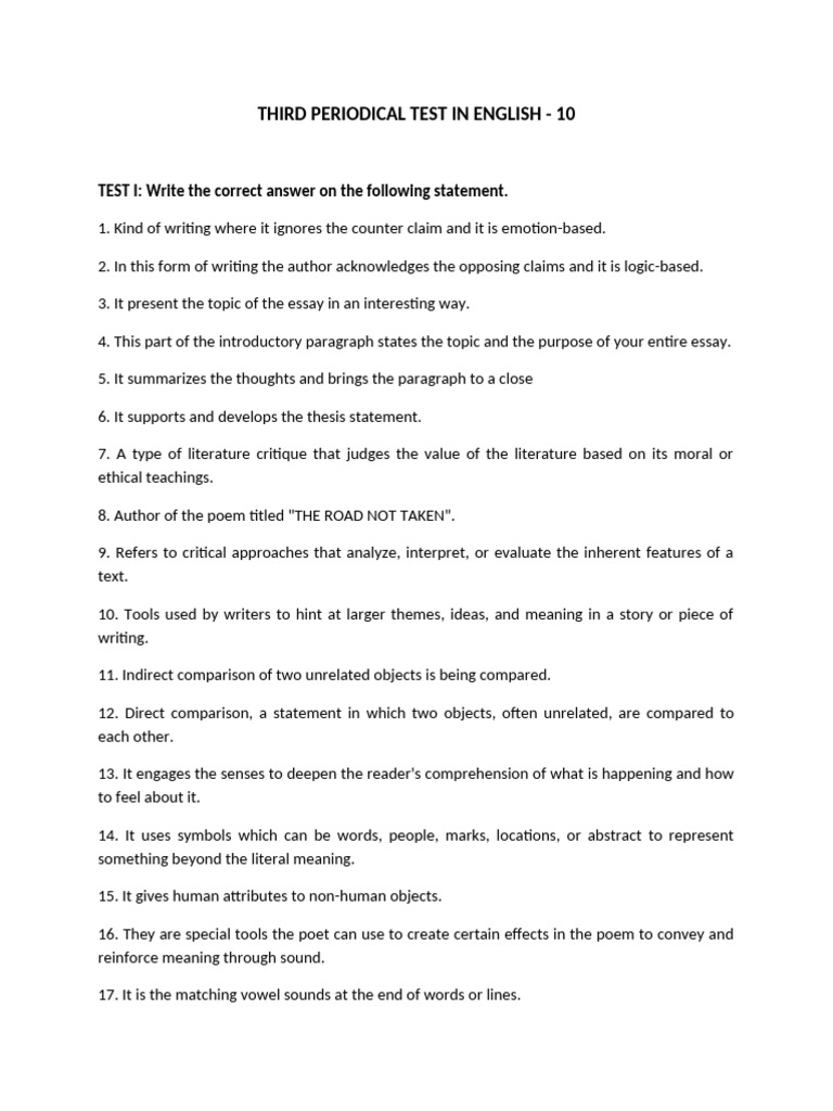 Version 1 Third Periodical Test in English - 10 | PDF | Essays | Semantics