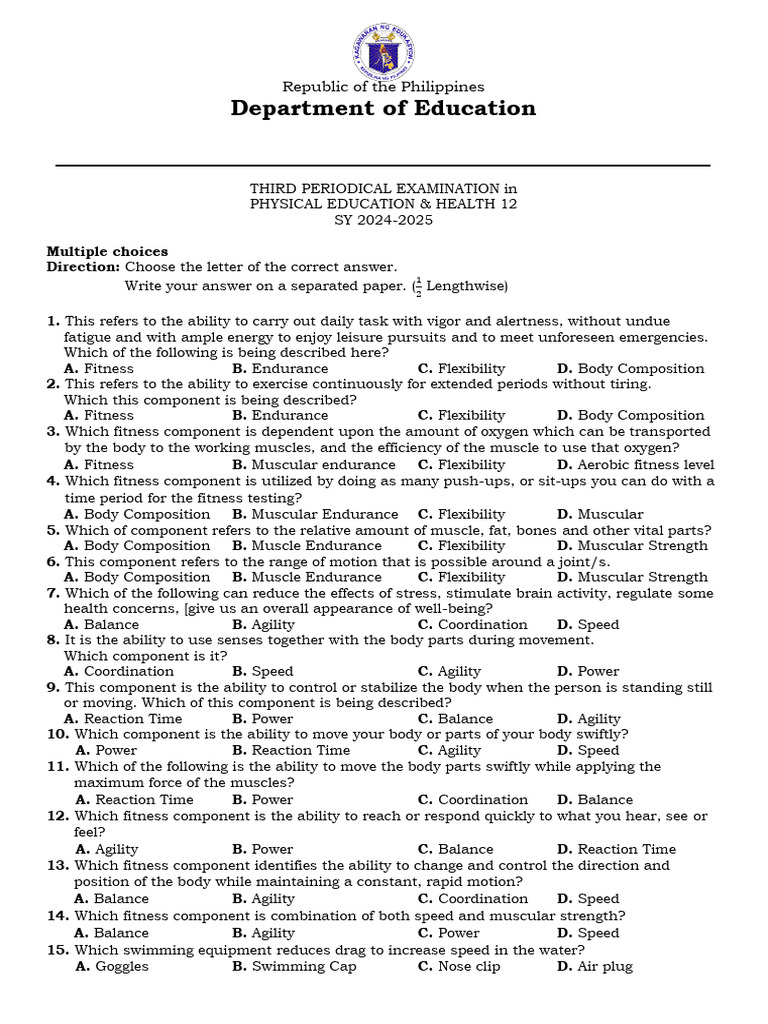 Third Periodical Exam: PE & Health 12 | PDF | Physical Fitness ...