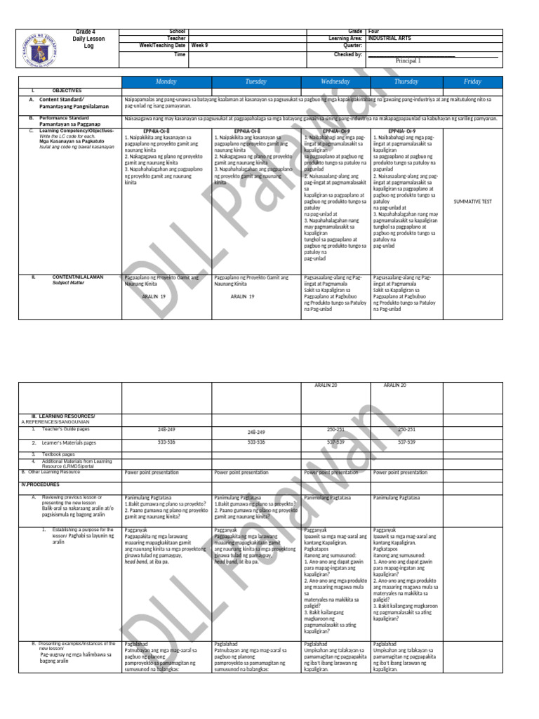DLL EPP Grade4 Quarter1 Week9 Arts (Palawan Division) | PDF