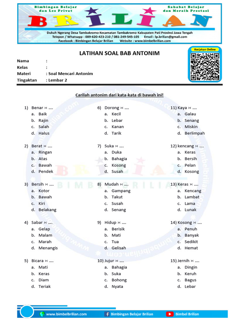 Soal Mencari Antonim Lembar 2 (www.bimbelbrilian.com) | PDF