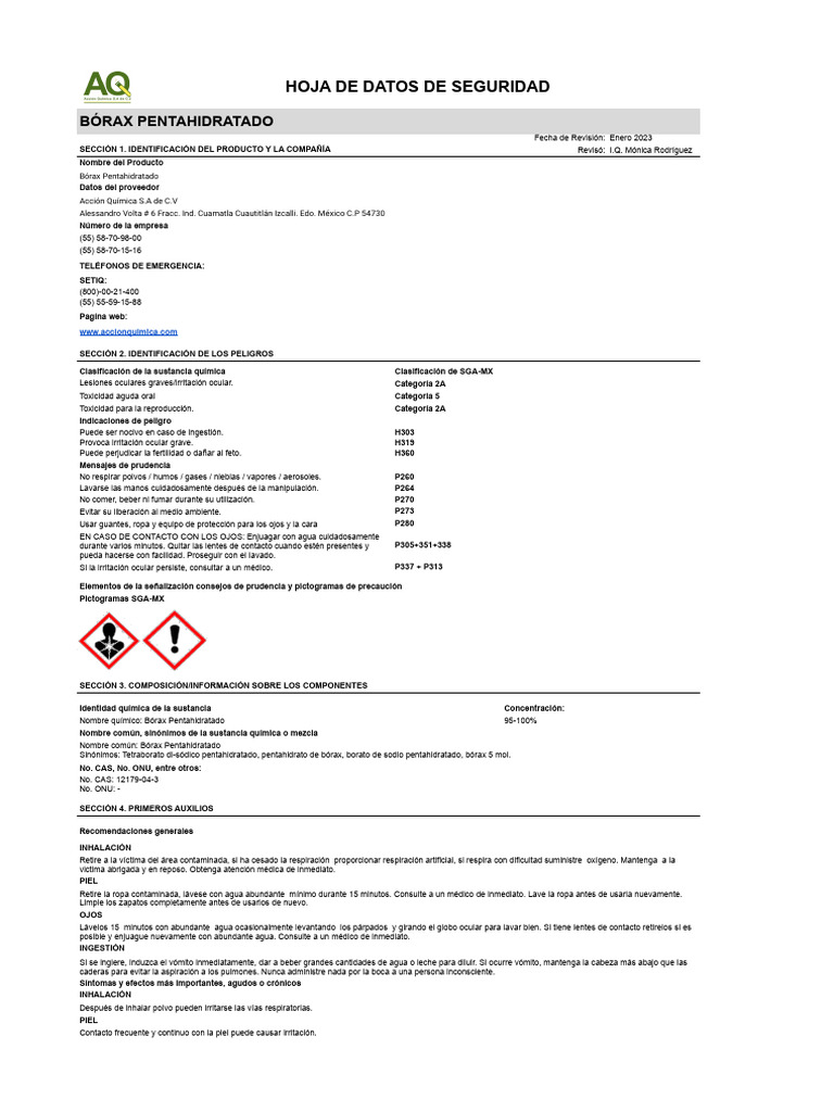 Borax Pentahidratado - Hoja de Datos de Seguridad | PDF | Agua | Residuos