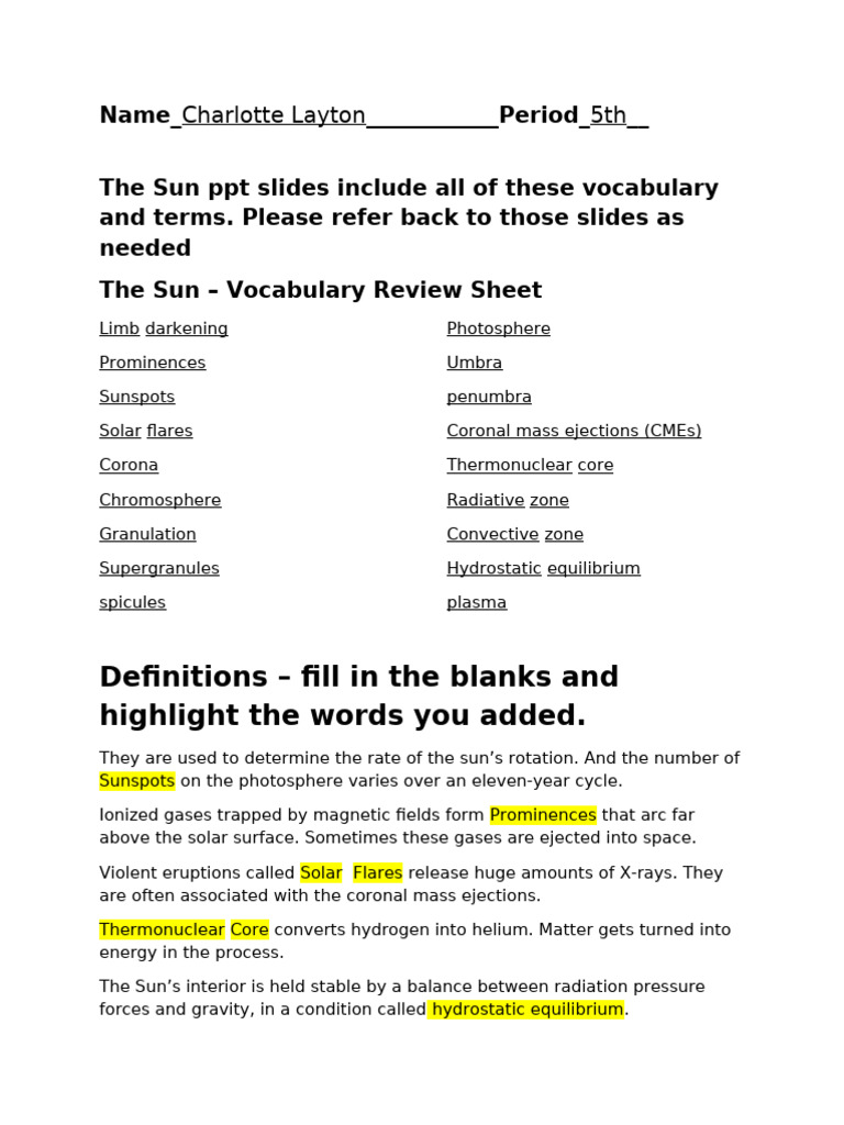 The Sun Vocabulary Review Sheet | PDF | Sun | Astrophysics