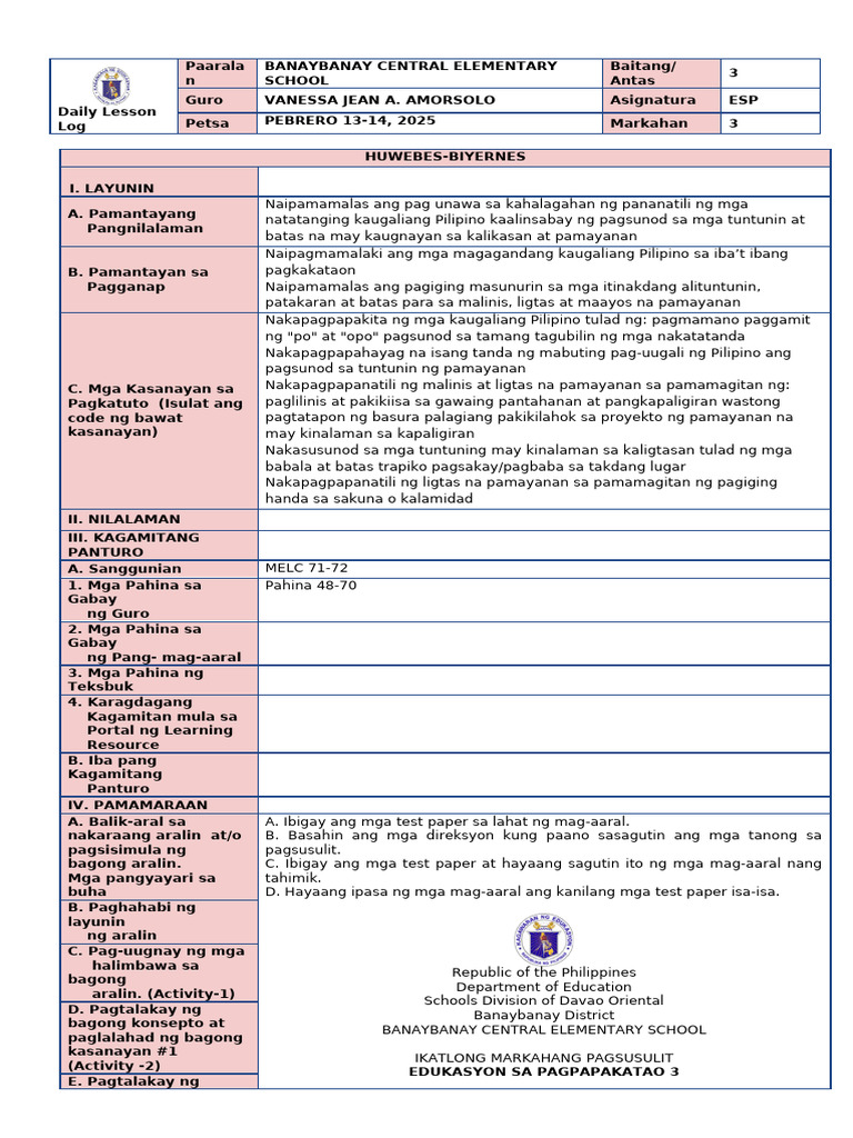 Esp LP Reviewer - Q3 Exam | PDF