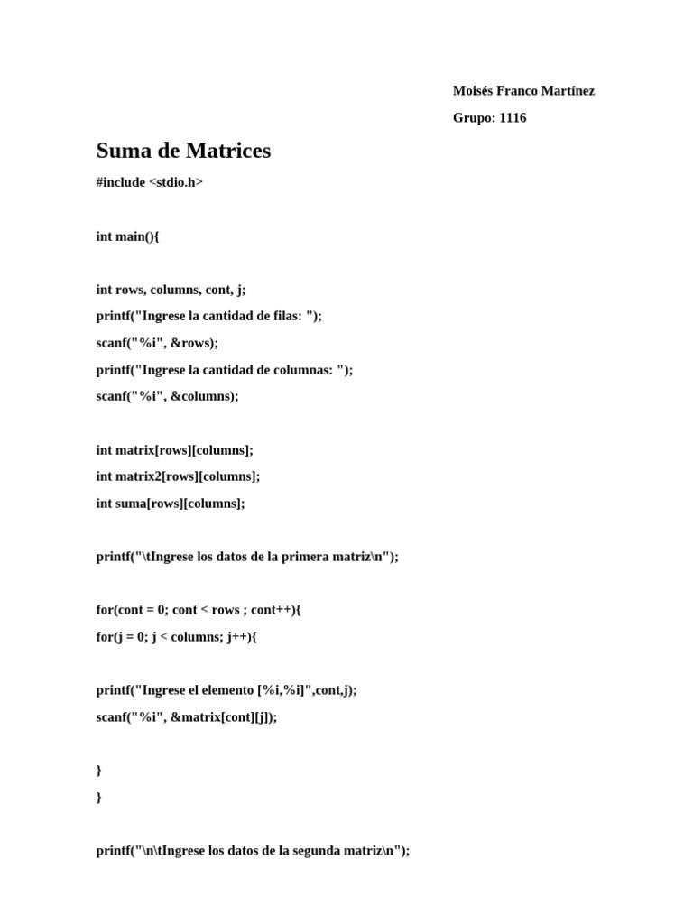 Suma de Matrices en C | PDF