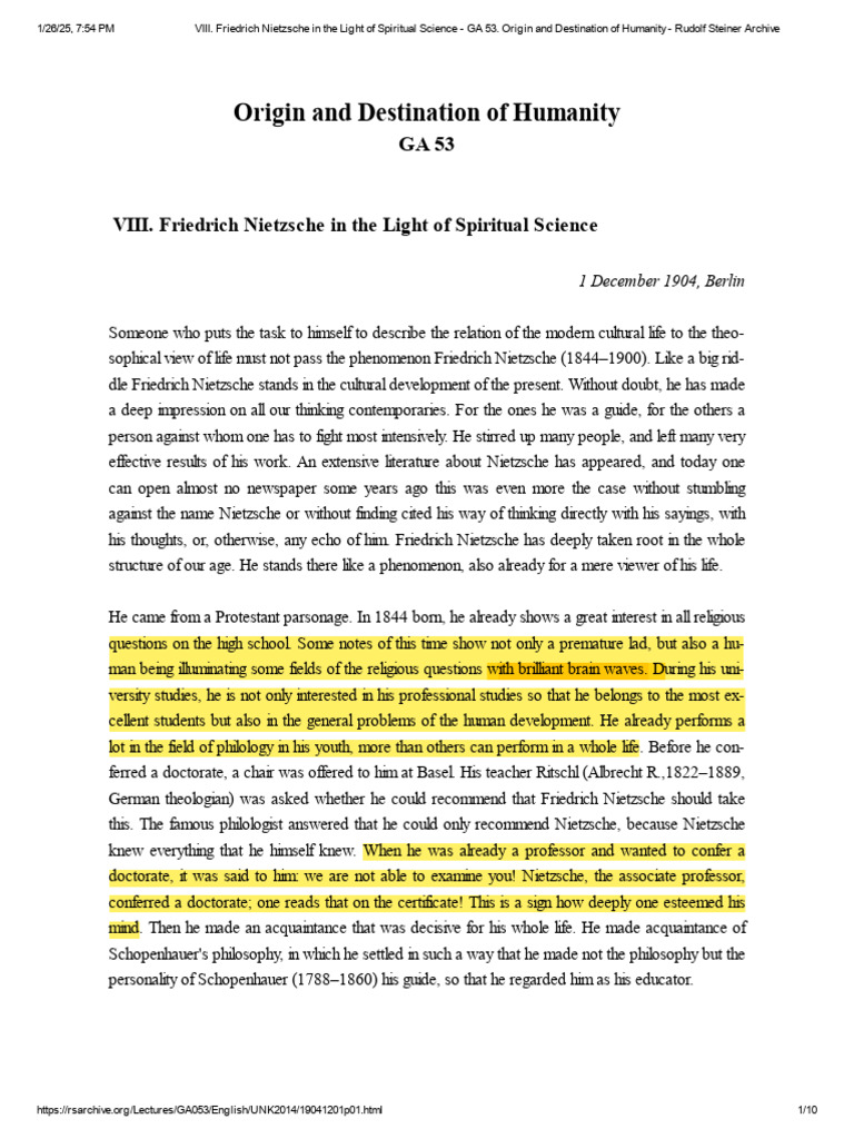 VIII. Friedrich Nietzsche in The Light of Spiritual Science - GA 53. Origin and Destination of ...