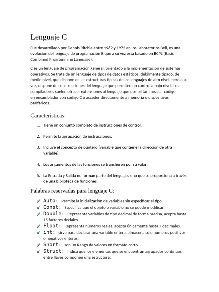 Lenguaje De Programacion C Investigación Pdf C Lenguaje De
