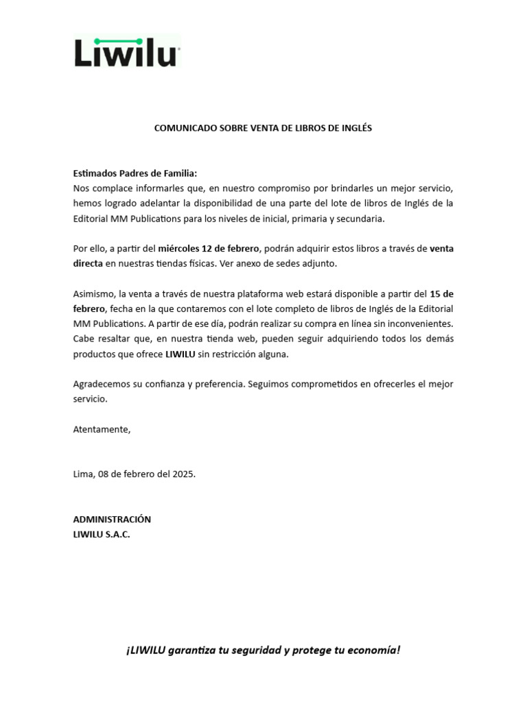 COMUNICADO SOBRE VENTA DE LIBROS DE INGLÉS-1 | PDF