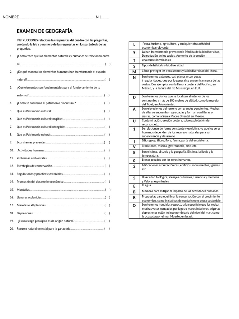 Examen de Geografía: Elementos Naturales y Humanos | PDF ...