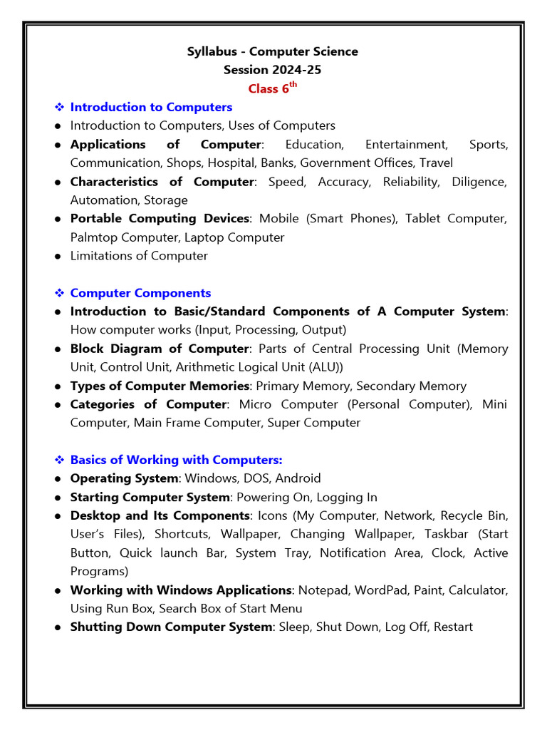 6th&7th Computer Science Syllabus (2024-25) | PDF | Computer Data Storage | Microsoft Word