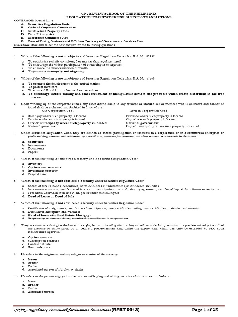 9313- RFBT - Other Special Law MCQs | PDF | Securities (Finance ...