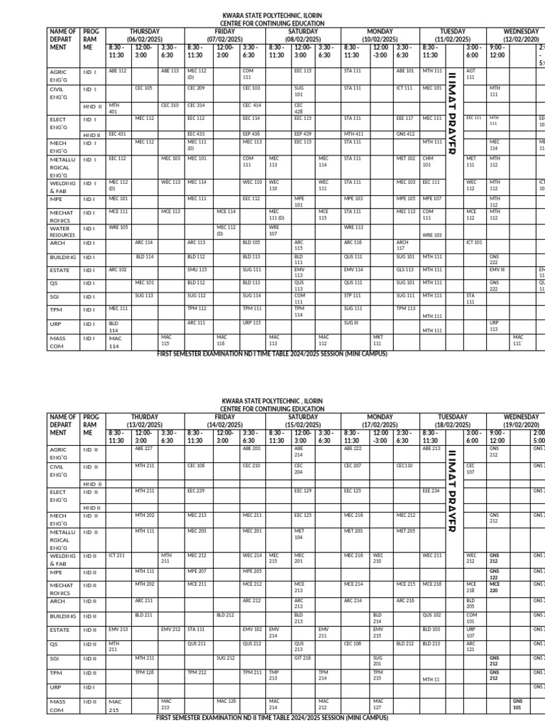 2025 First Semester Timetable | PDF