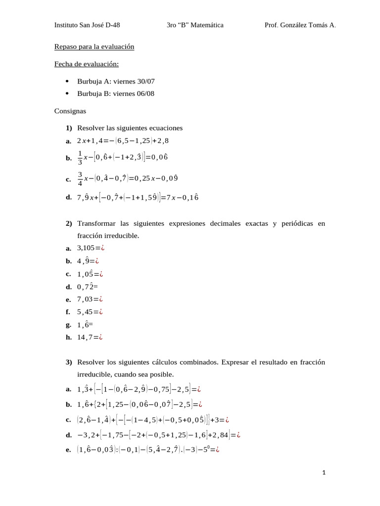 Repaso Matemáticas 3ro "B" | PDF