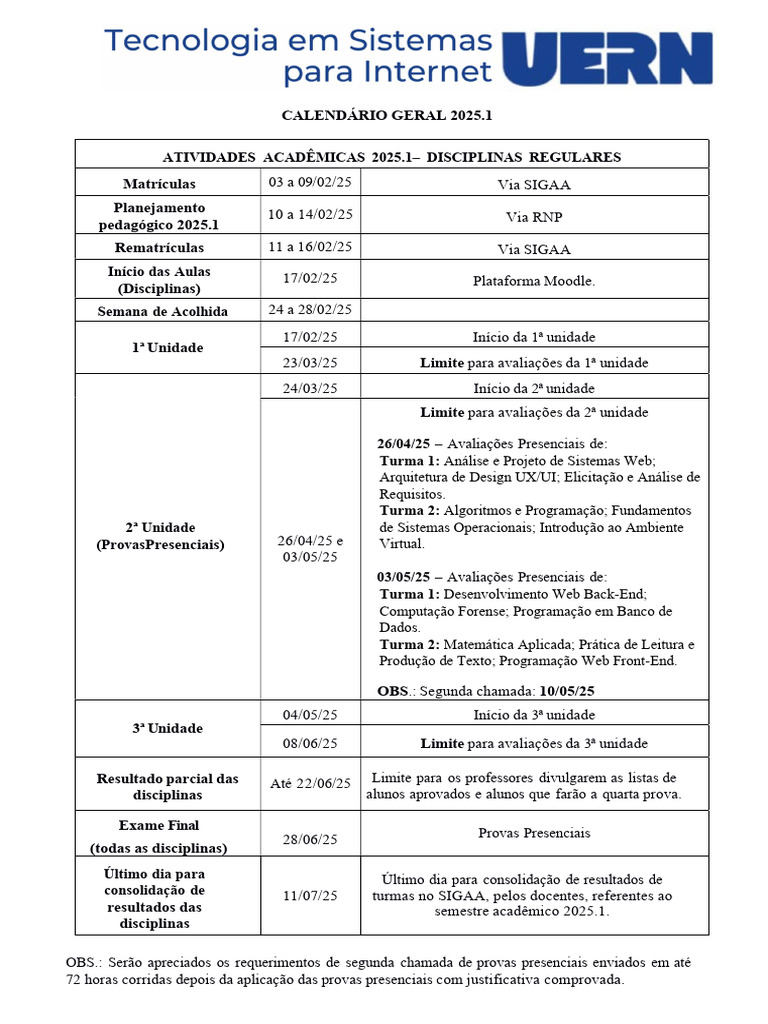 Calendário Acadêmico 2025.1: Atividades | PDF | Educação à distância ...