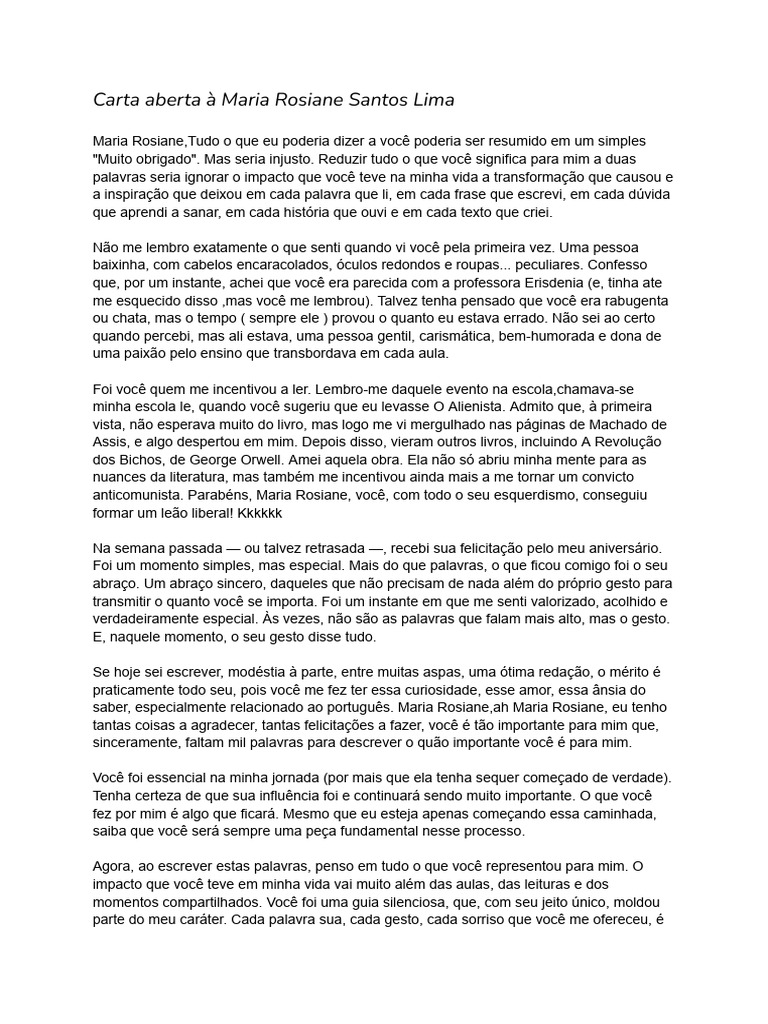 Carta aberta à Maria Rosiane Santos Lima (1) | PDF Carta aberta à Maria Rosiane Santos Lima (1) | PDF