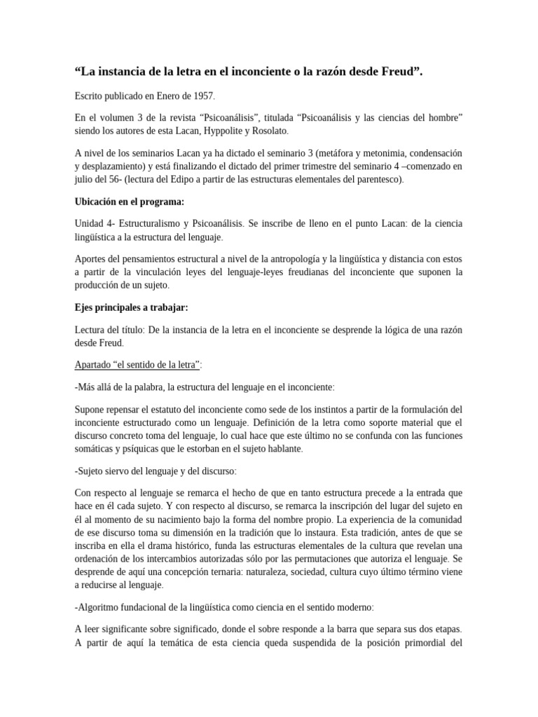 La Instancia de La Letra en El Inconciente o La Razón Desde Freud | PDF ...