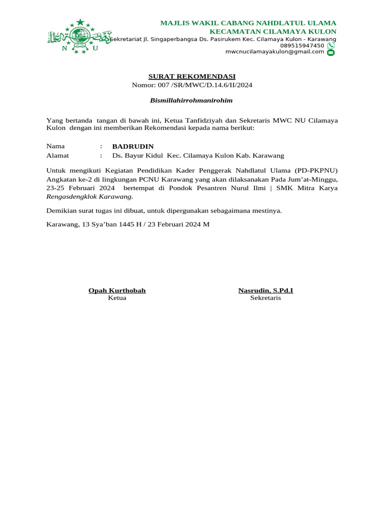 01. SURAT REKOMENDASI MWC | PDF