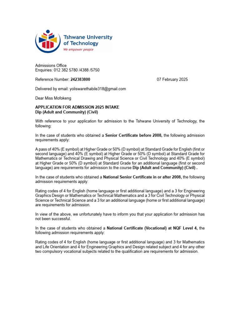 TUT 2025 Admission Application Outcome | PDF | University And College ...